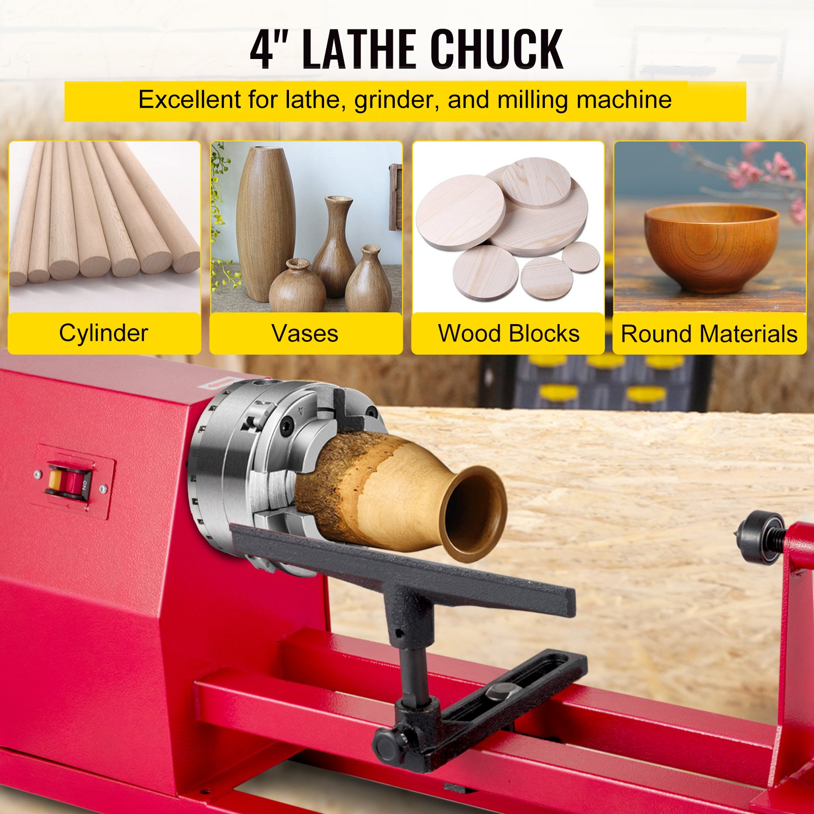 VEVOR Lathe Chuck 4-inch Woodturning Chuck 4 Jaws 1inch x 8TPI Thread ...