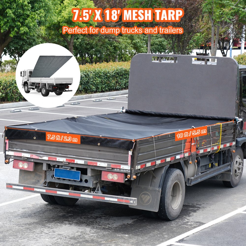 VEVOR Dump Truck Mesh Tarp, 7.5x18 ft, PVC Coated Black Heavy Duty ...