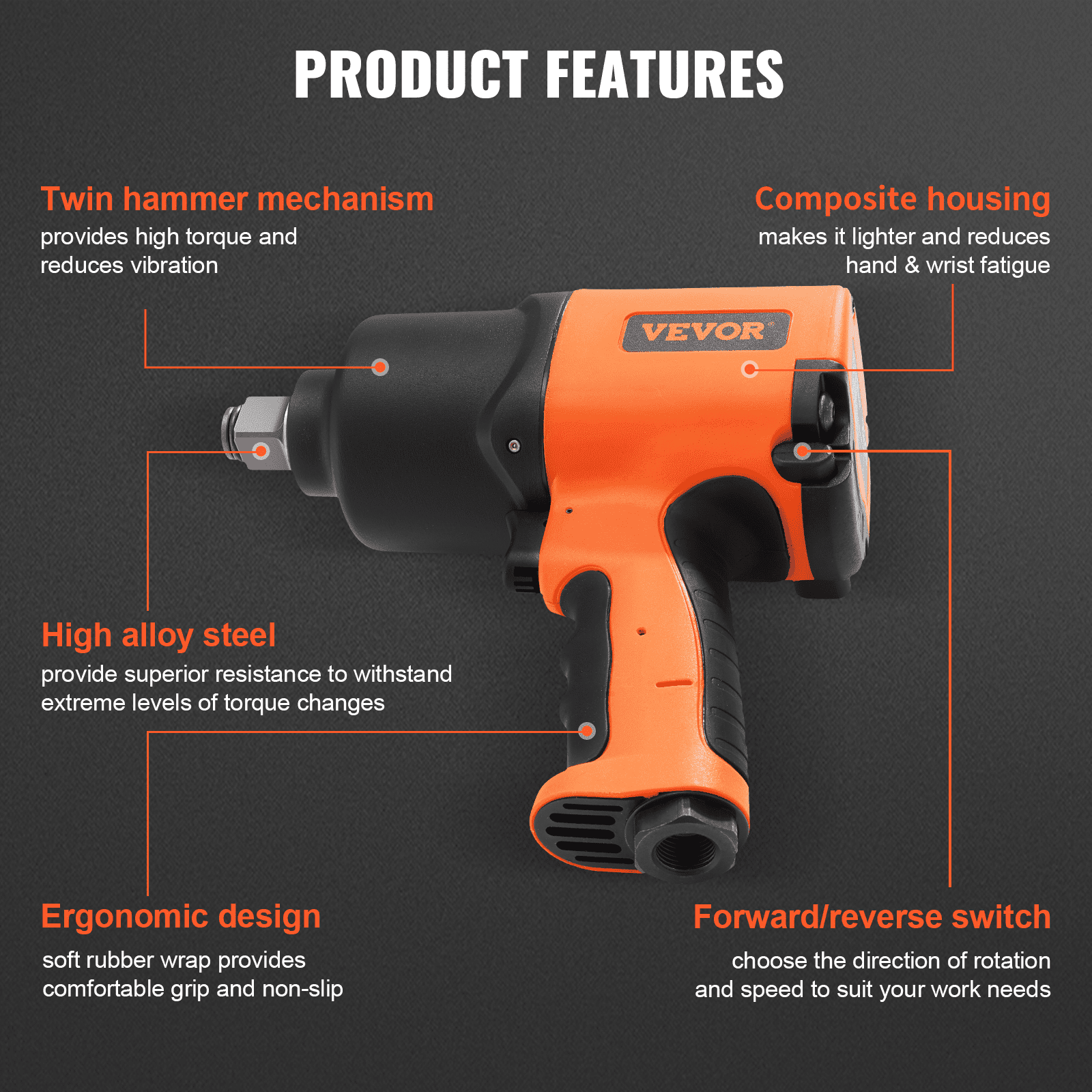VEVOR Air Impact Wrench, 3/4-Inch Drive Air Impact Gun, Up to 1870ft ...