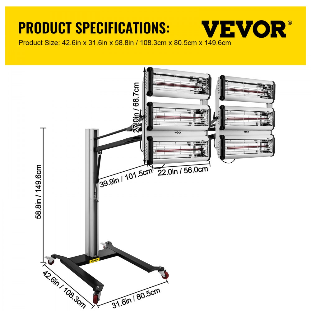 VEVOR 6000W Paint Curing Lamp, Infrared Curing Lamp, 110V Paint Baking ...