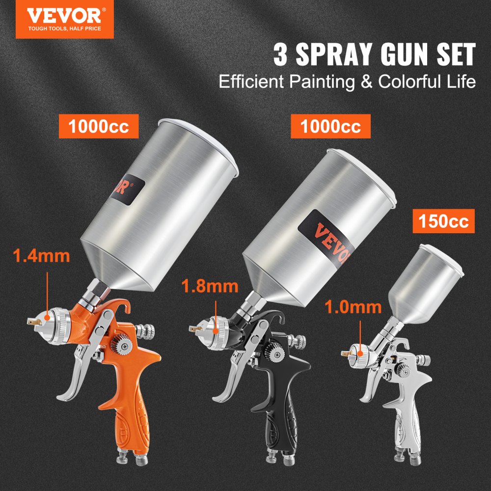 VEVOR Auto Paint Air Spray Gun Kit Gravity Feed Car Primer 1.0/1.4/1.8 ...