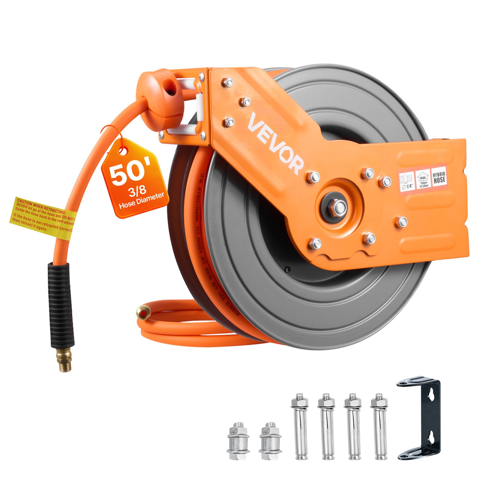 VEVOR Retractable Air Hose Reel, 3/8 Inch x 50 FT Hybrid Air Hose Max ...