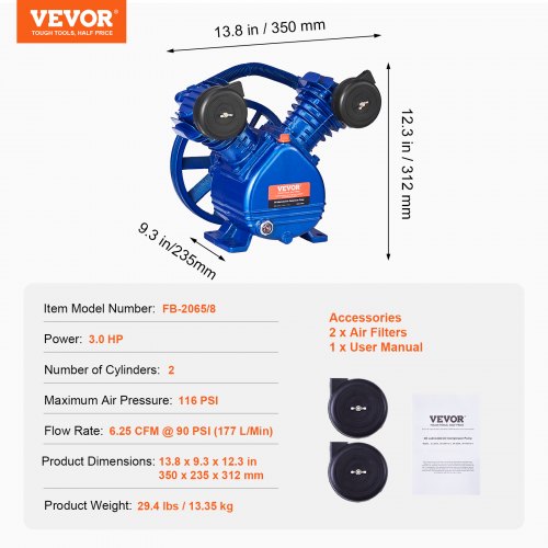 VEVOR Air Compressor Pump Head, 3HP 6.25CFM @ 90PSI, Twin Cylinder Oil ...