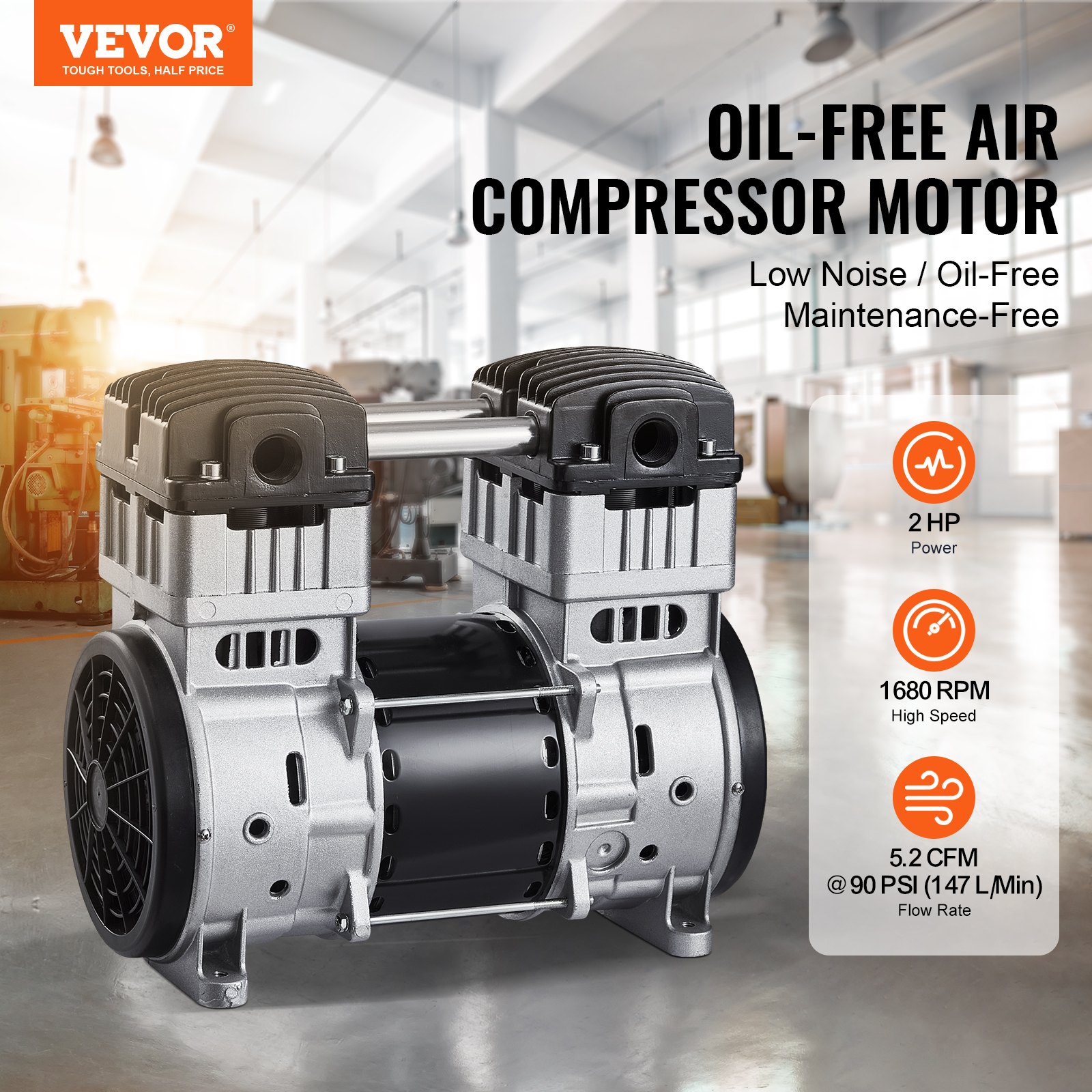 VEVOR Air Compressor Motor, 2HP 5.2CFM @ 90PSI Oil Free Air Compressor ...
