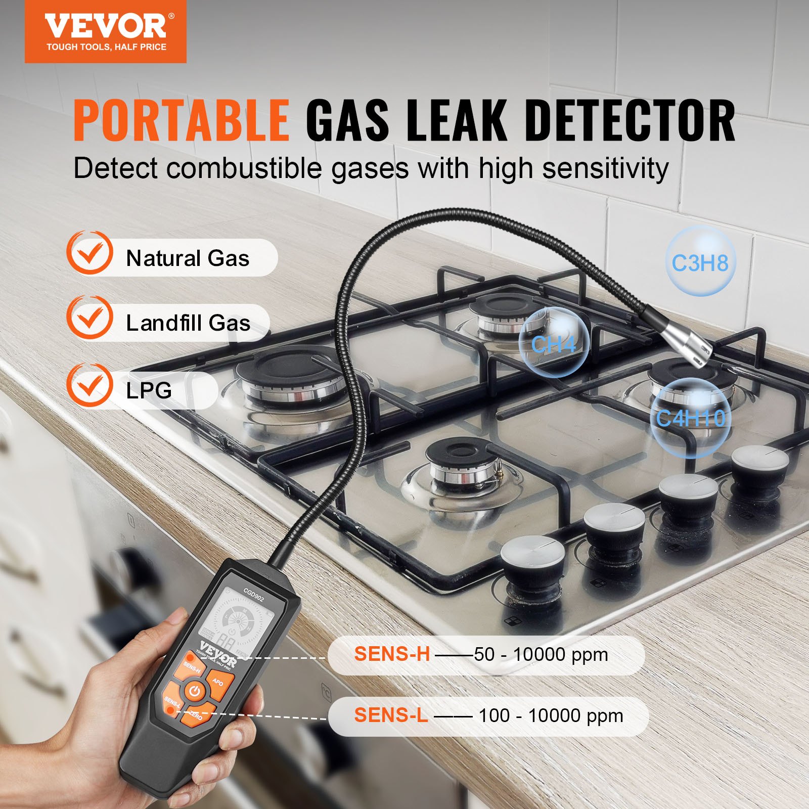 VEVOR Gas Leak Detector 50-10,000 PPM Natural Gas Detector with 18.5 ...