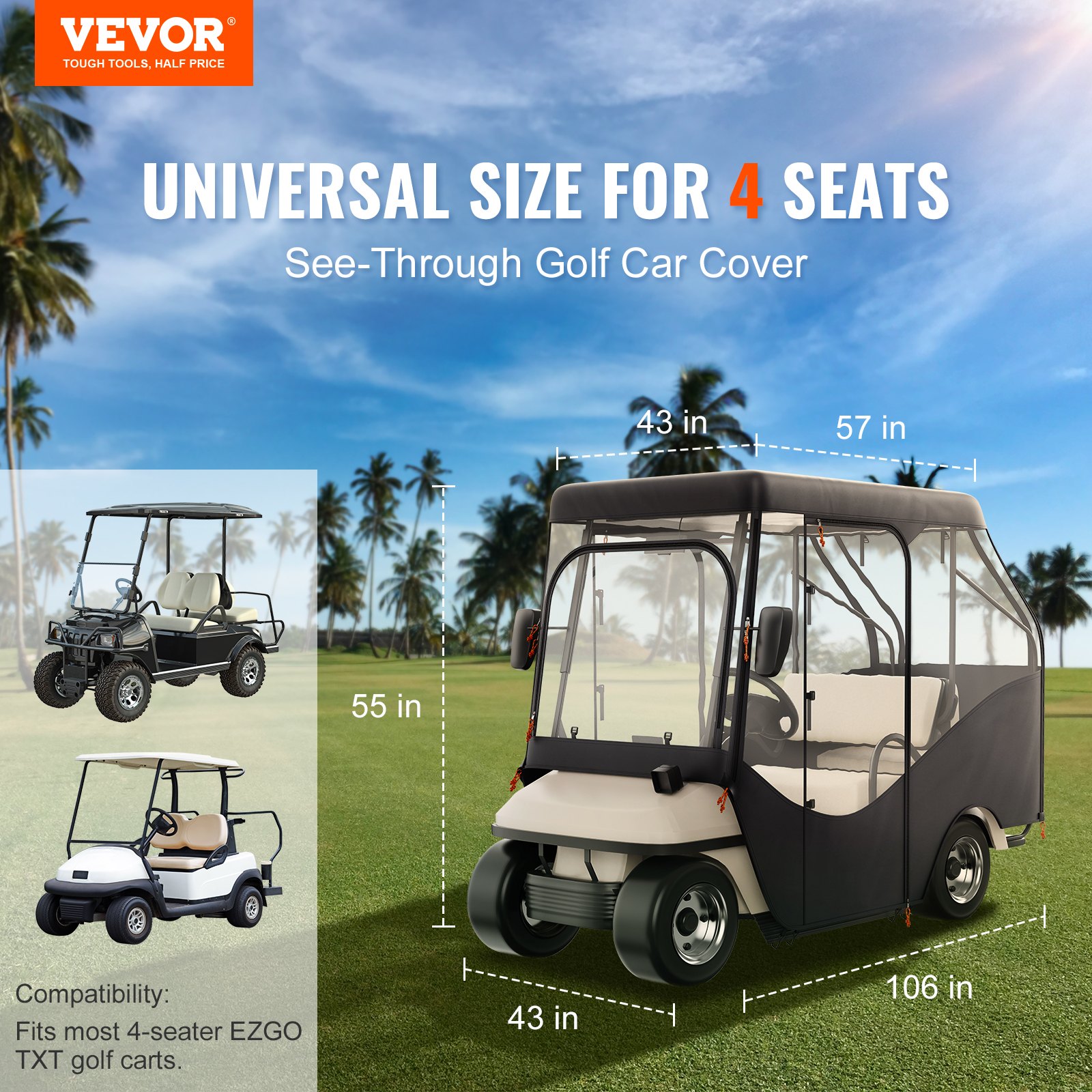 VEVOR Golf Cart Enclosure, 600D Polyester Driving Enclosure with 4 ...