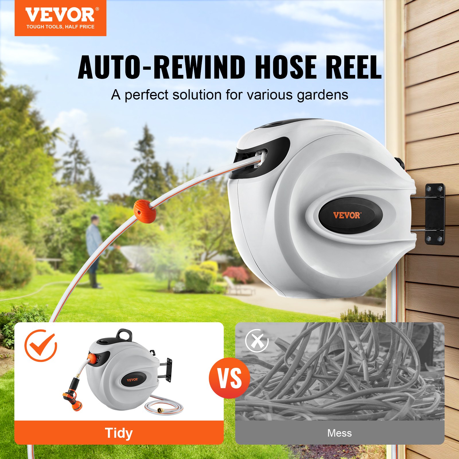 VEVOR Retractable Hose Reel Water Hose Reel 130'x1/2" 180° Swivel Wall ...