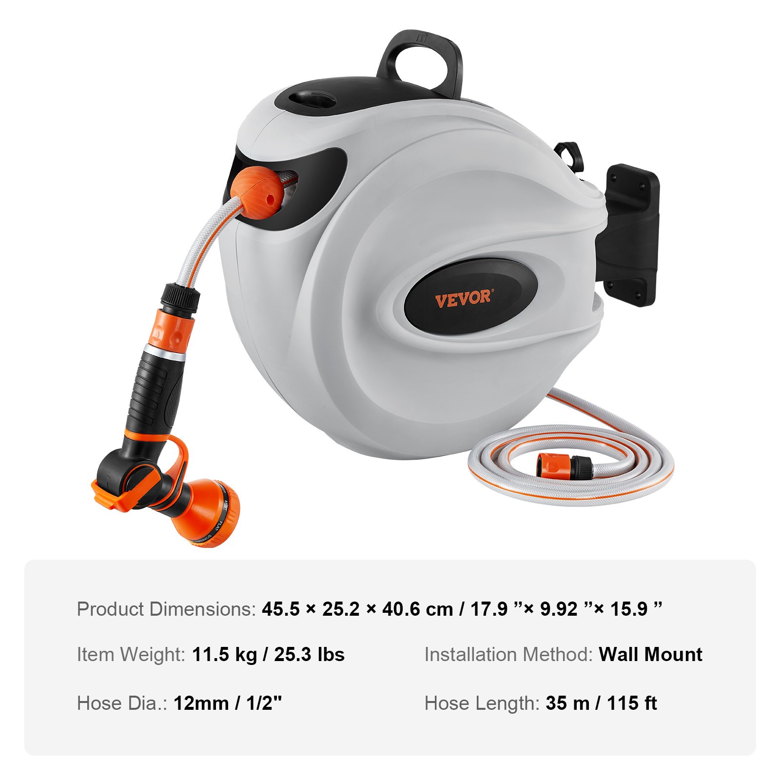 VEVOR VEVOR Retractable Hose Reel Water Hose Reel 115'x1/2" 180° Swivel ...