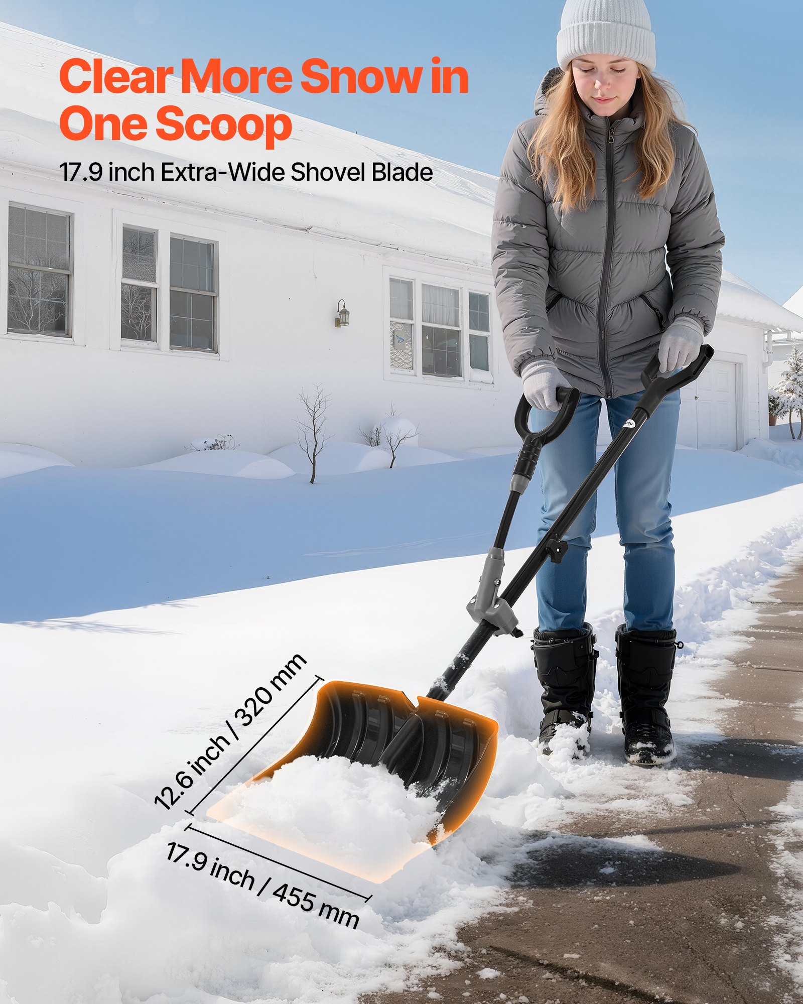 VEVOR Snow Shovel for Driveway, 18 in Wide Plastic Snow Shovel with ...