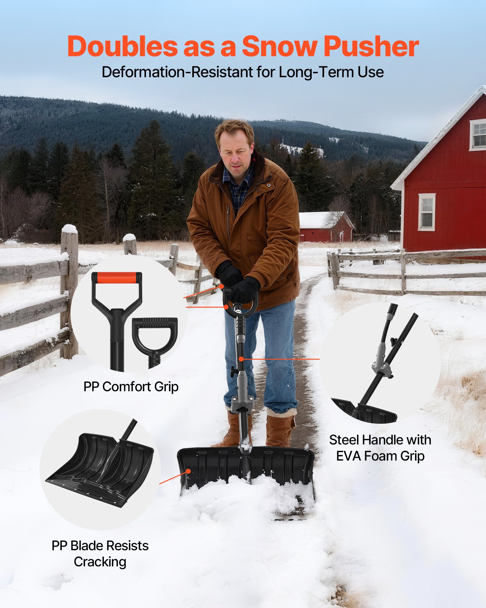VEVOR Snow Shovel for Driveway, 18 in Wide Plastic Snow Shovel with ...