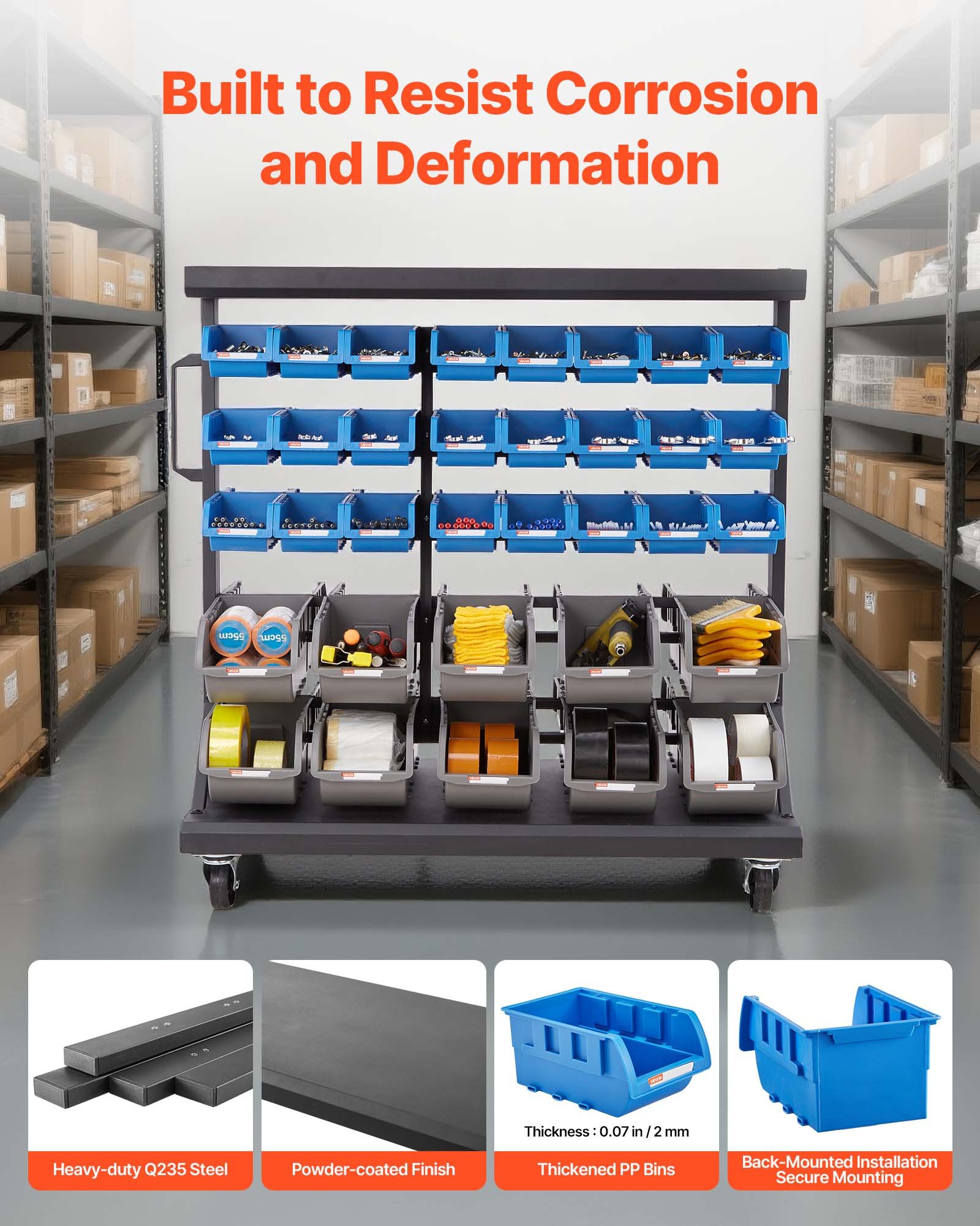 VEVOR 5-Tier Double-Sided Rolling Bin Storage Rack, 68 Plastic Bins ...