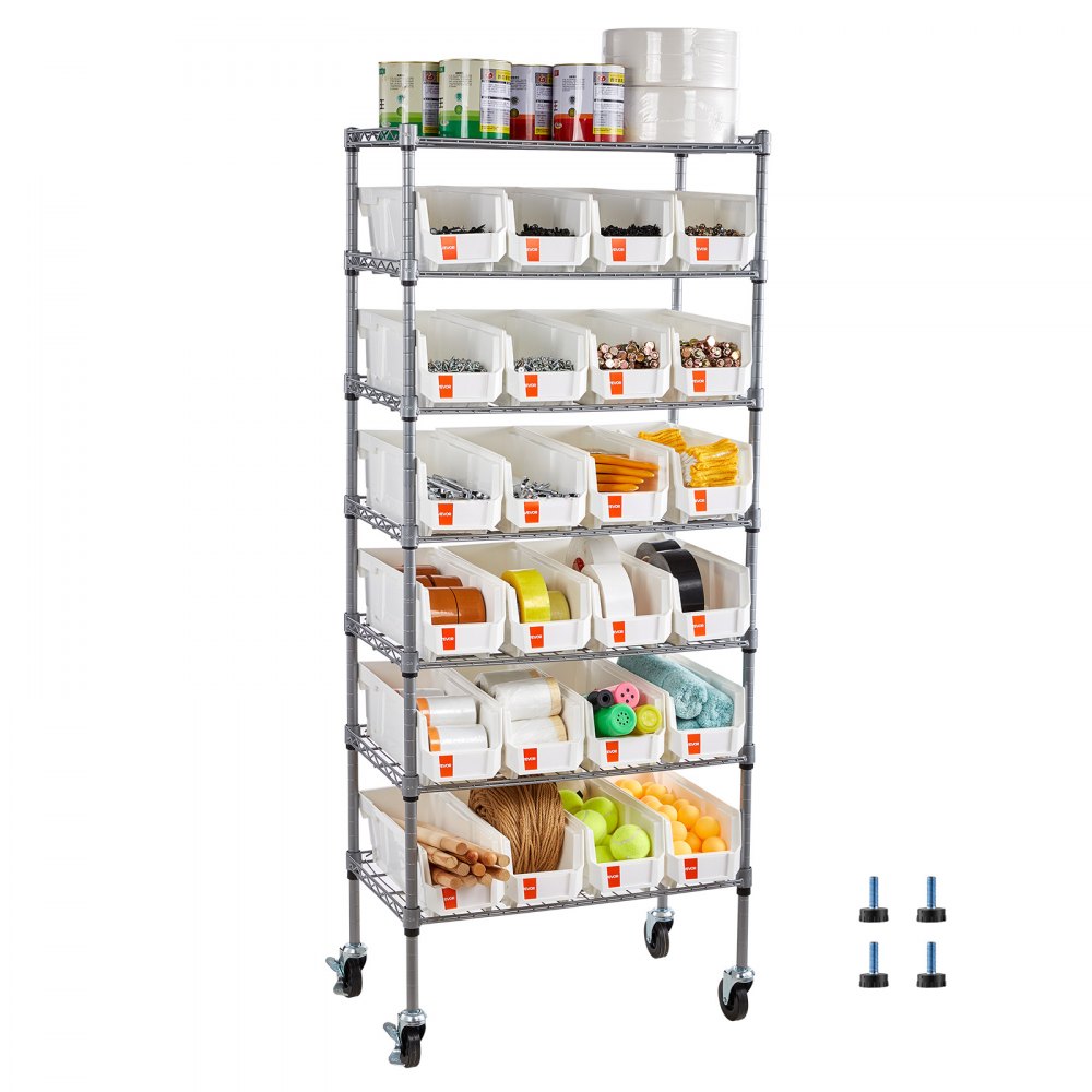 VEVOR 7-Tier Rolling Bin Storage Rack, 24 Small Bins, Bin Rack Storage ...