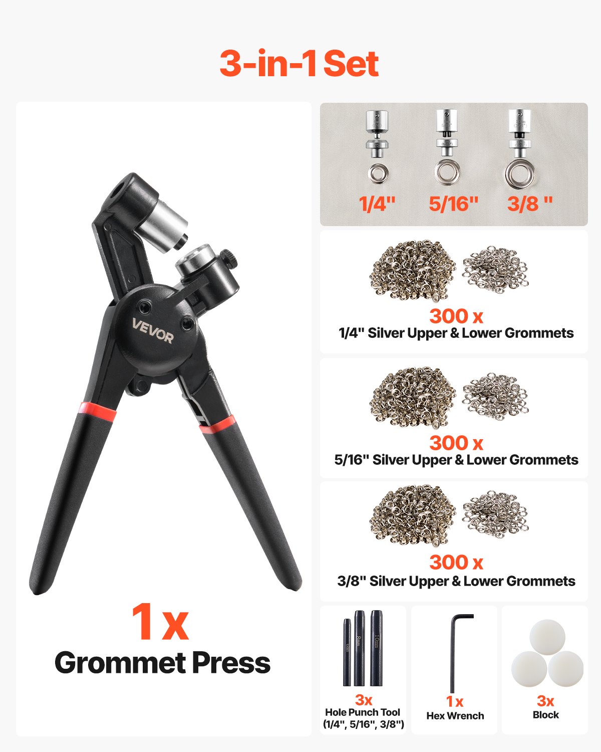 VEVOR Grommet Tool Kit - 900 PCS, Metal Eyelets, 1/4"