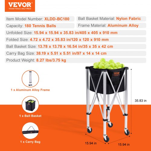VEVOR Foldable Tennis Ball Hopper, Holds 180 Tennis Balls, Lightweight ...