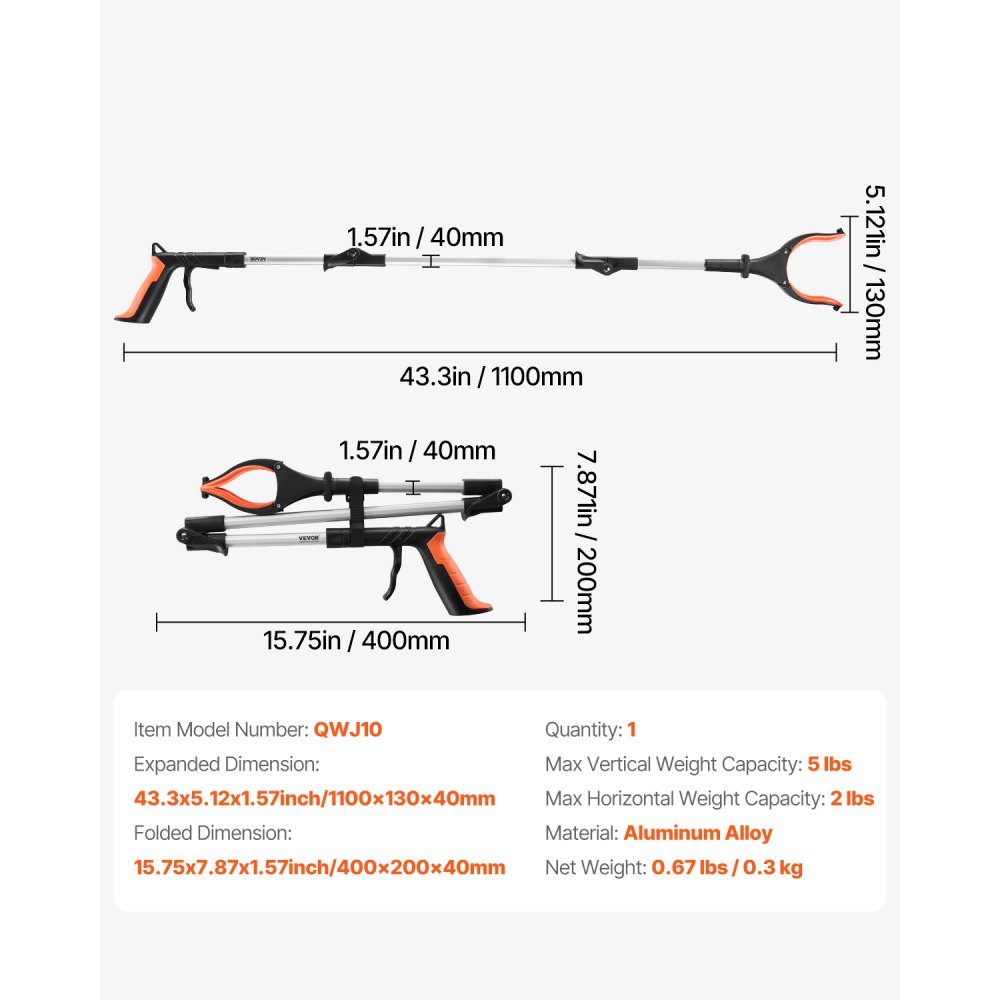 VEVOR Grabber Reacher Tool, 43" Foldable Reacher Grabber Pickup Tool ...