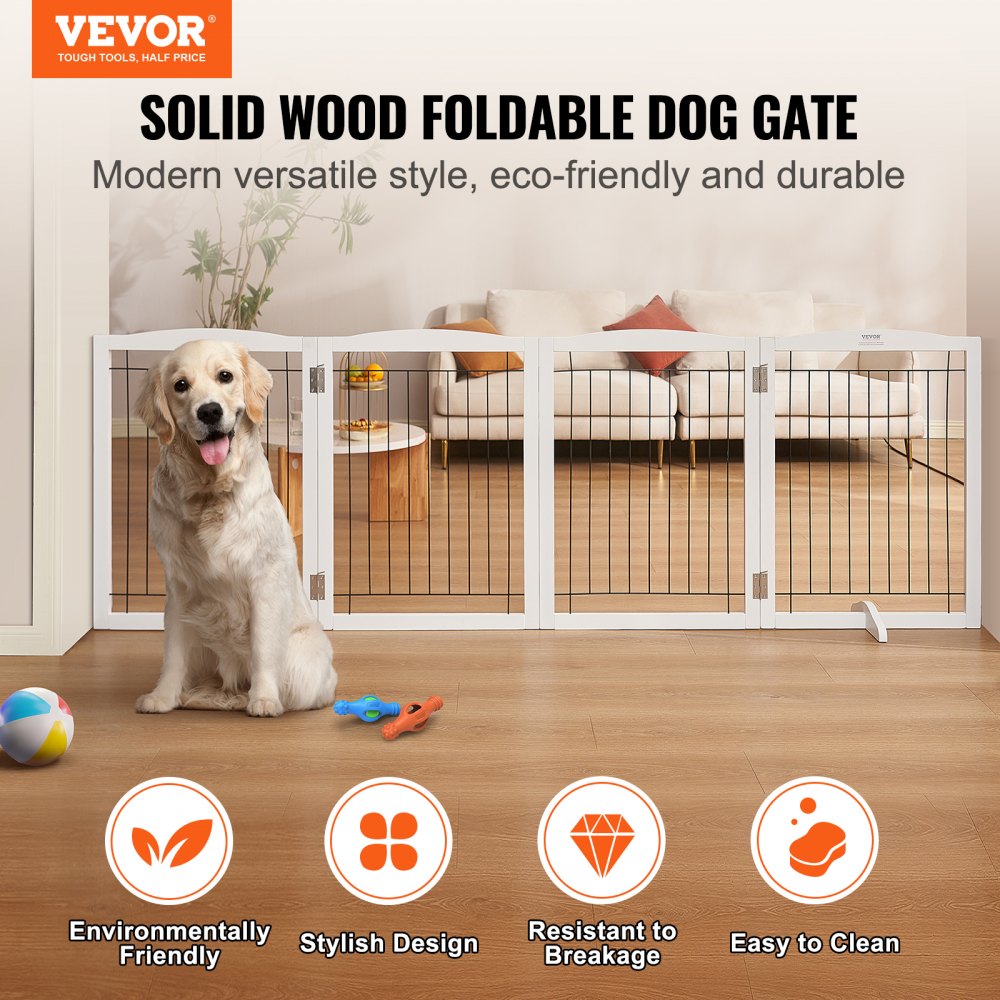 VEVOR Free Standing Dog Gate, 32" H x 96.5" W Freestanding Pet Gate, 4 ...