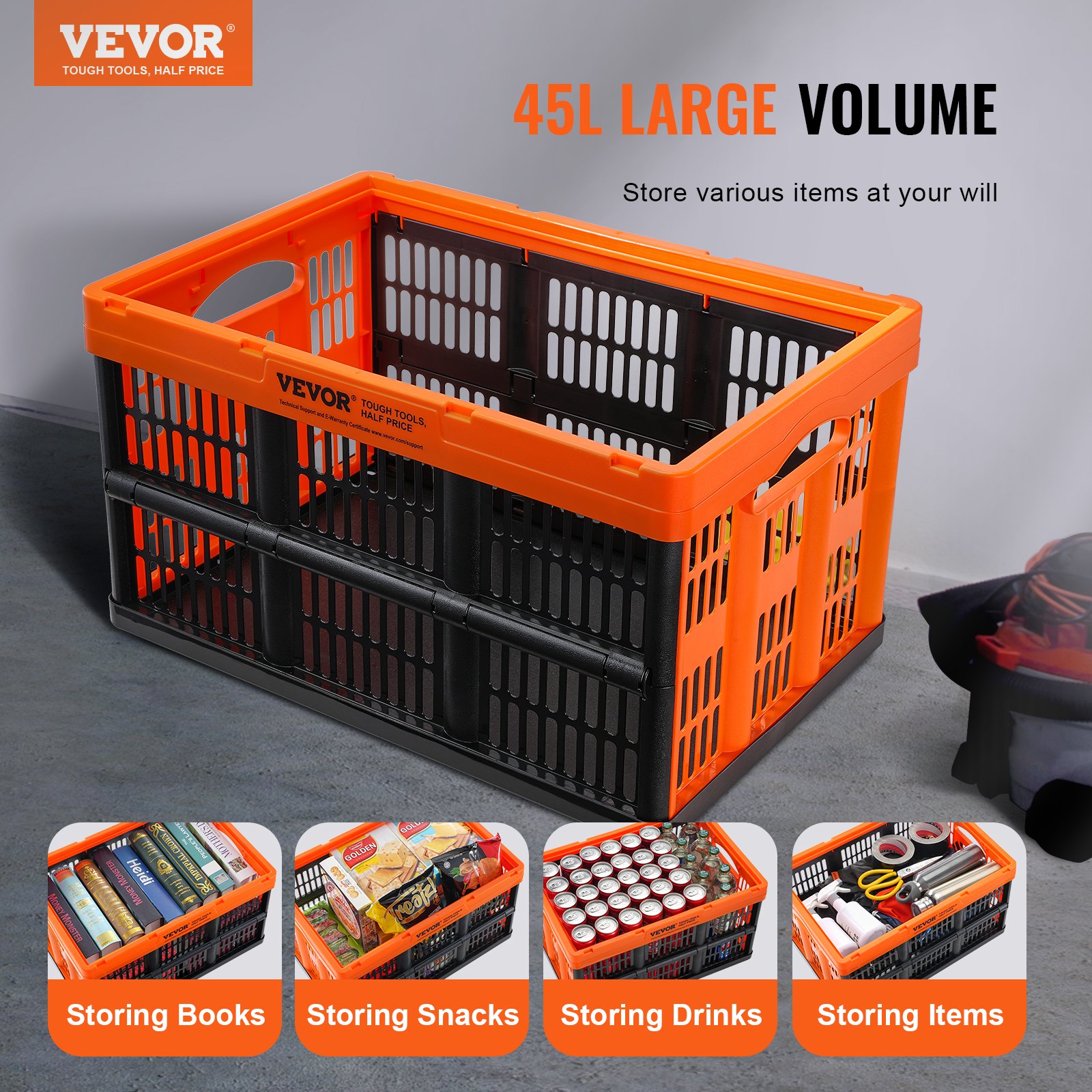 Vevor Plastic Collapsible Storage Basket 45l 3 Packs Folding