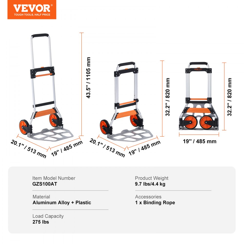 VEVOR Folding Hand Truck, 275 lbs Load Capacity, Aluminum Portable Cart ...