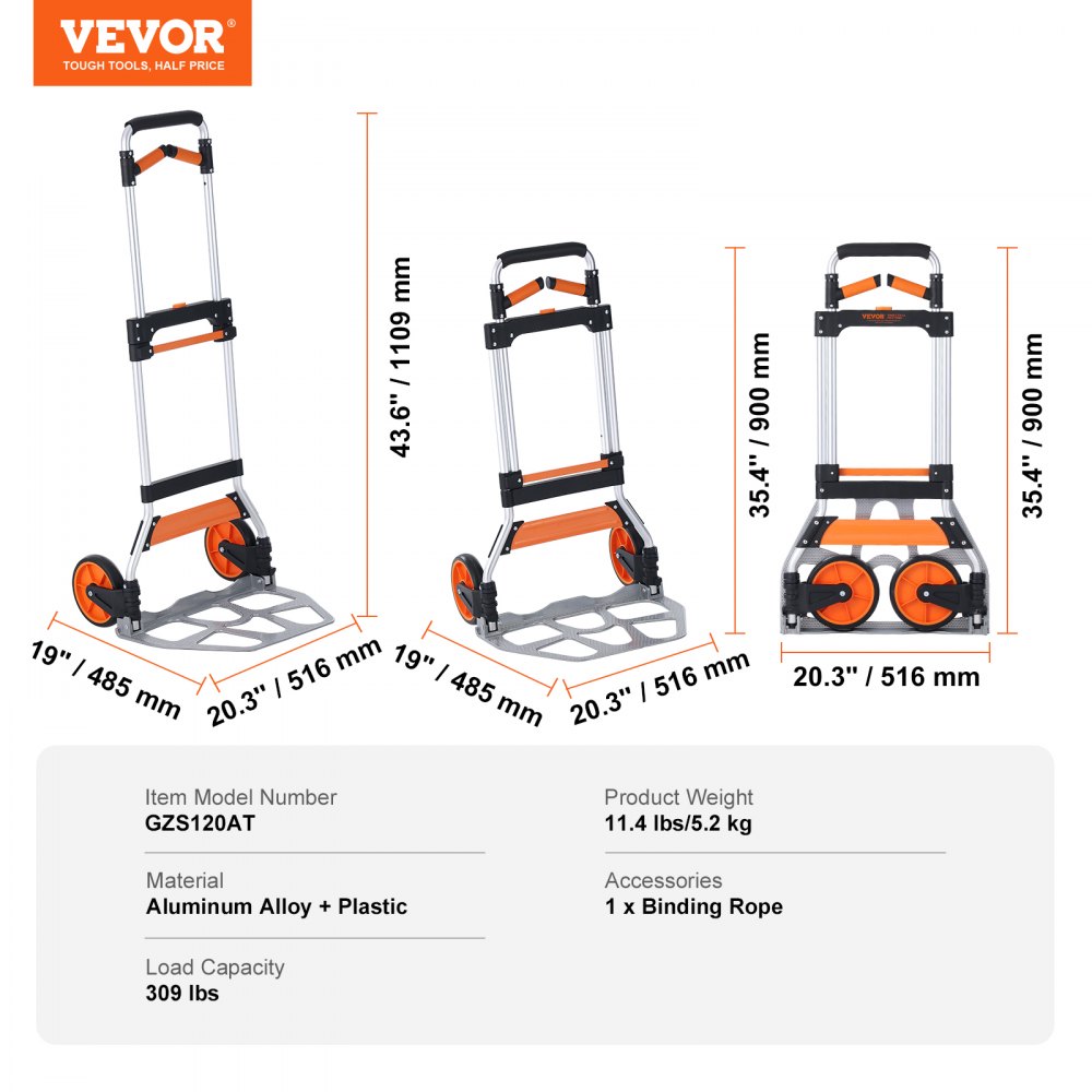 VEVOR Folding Hand Truck, 309 lbs Load Capacity, Aluminum Portable Cart ...