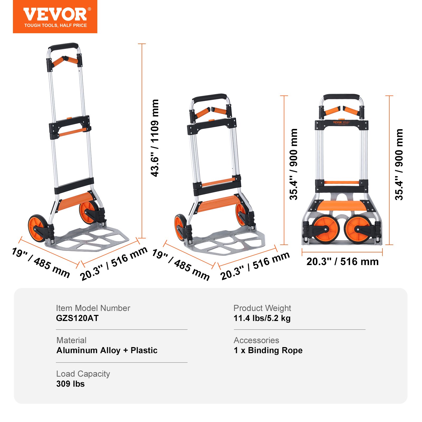 VEVOR Folding Hand Truck, 309 lbs Load Capacity, Aluminum Portable Cart ...