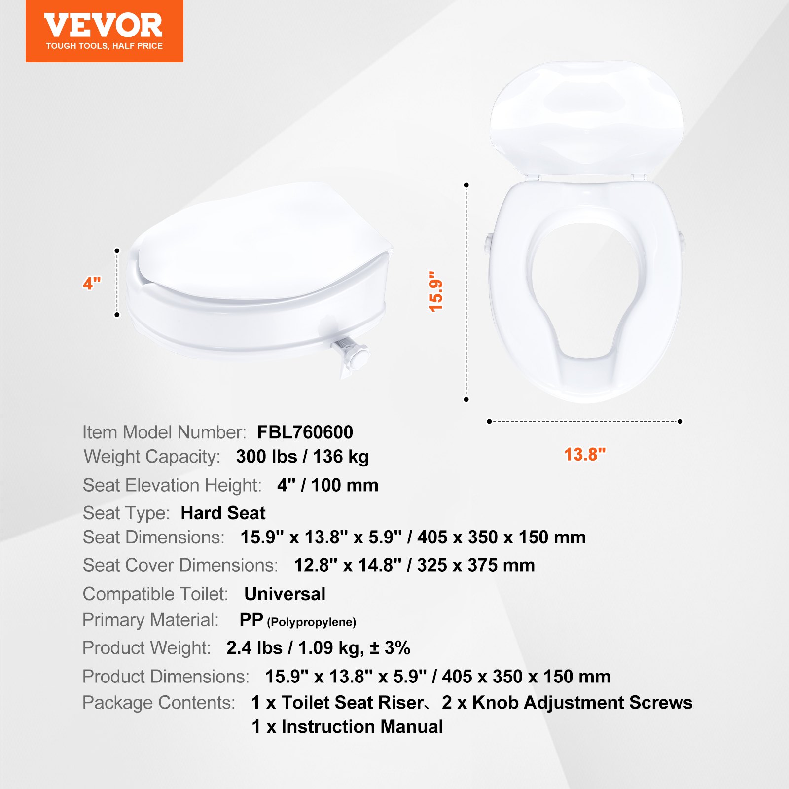 VEVOR Raised Toilet Seat, 4" Height Raised, 300 lbs Weight Capacity ...