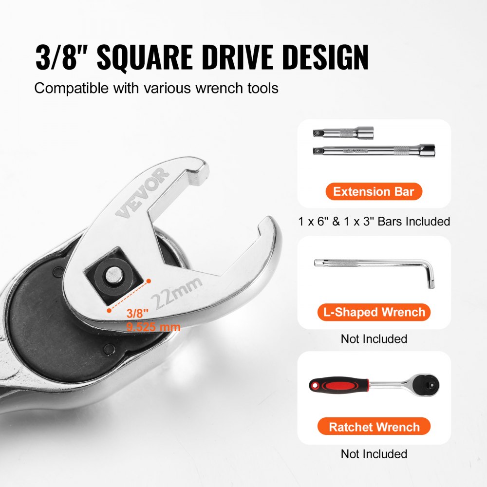 VEVOR 3/8" Drive Crowfoot Wrench Set with 2 Extension Bars, 24-Piece ...