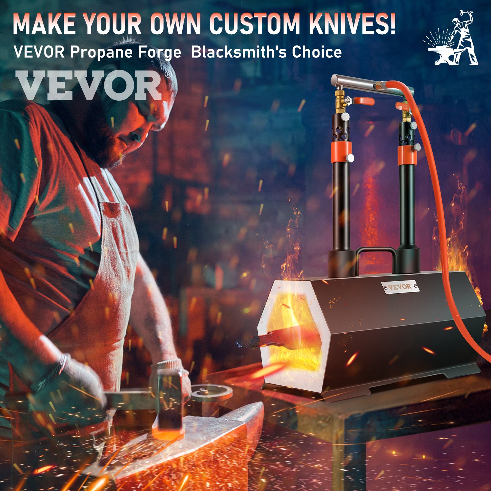 VEVOR Propane Forge Portable, Double Burner Tool and Knife Making, Large Capacity Blacksmith ...