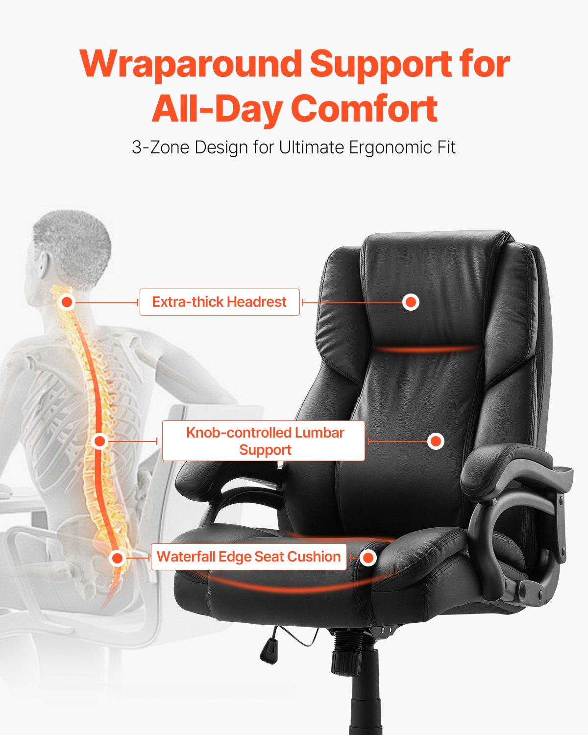 VEVOR Executive Office Chair, 500lbs Capacity with Adjustable Lumbar ...