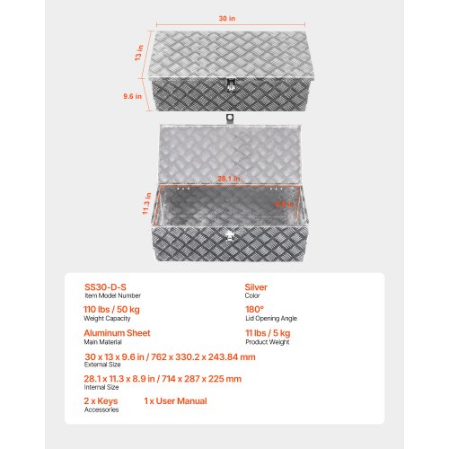 30"x13"x9.6" Heavy Duty Aluminum Truck Bed Tool Box for Pickup RV ...