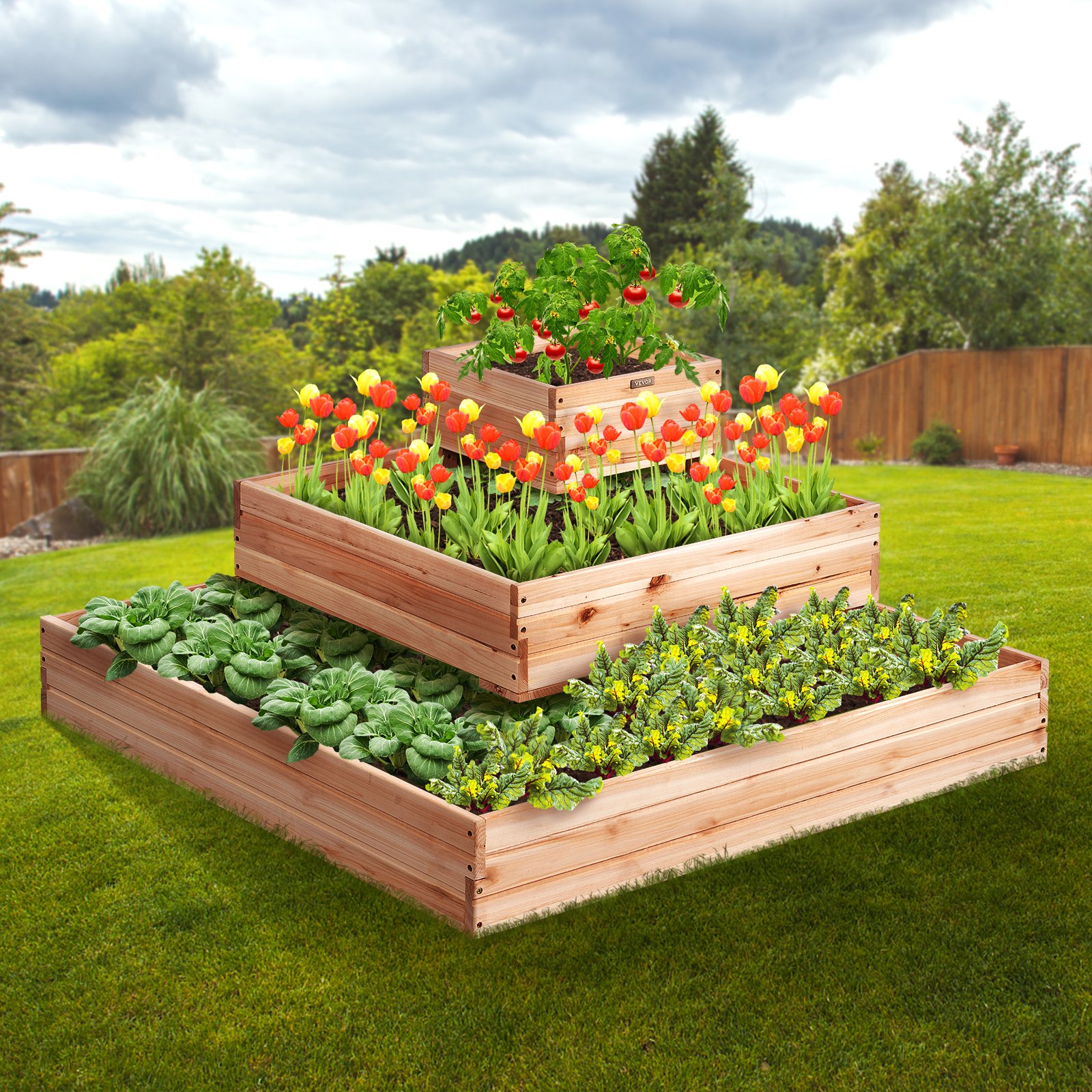 VEVOR Raised Garden Bed, 3.7 x 3.7 x 1.7 ft Wooden Planter Box, Outdoor ...