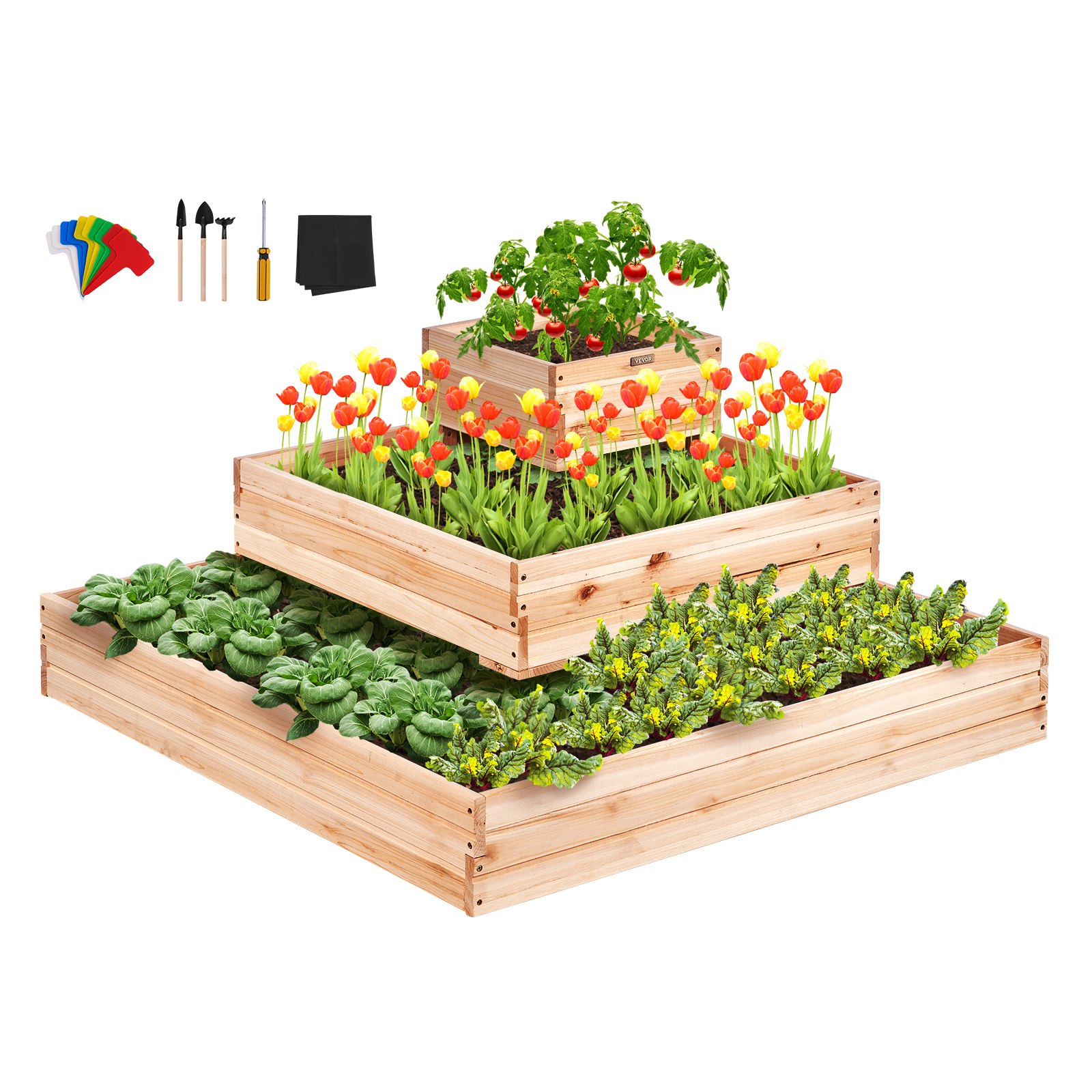 VEVOR Raised Garden Bed, 3.7 x 3.7 x 1.7 ft Wooden Planter Box, Outdoor ...