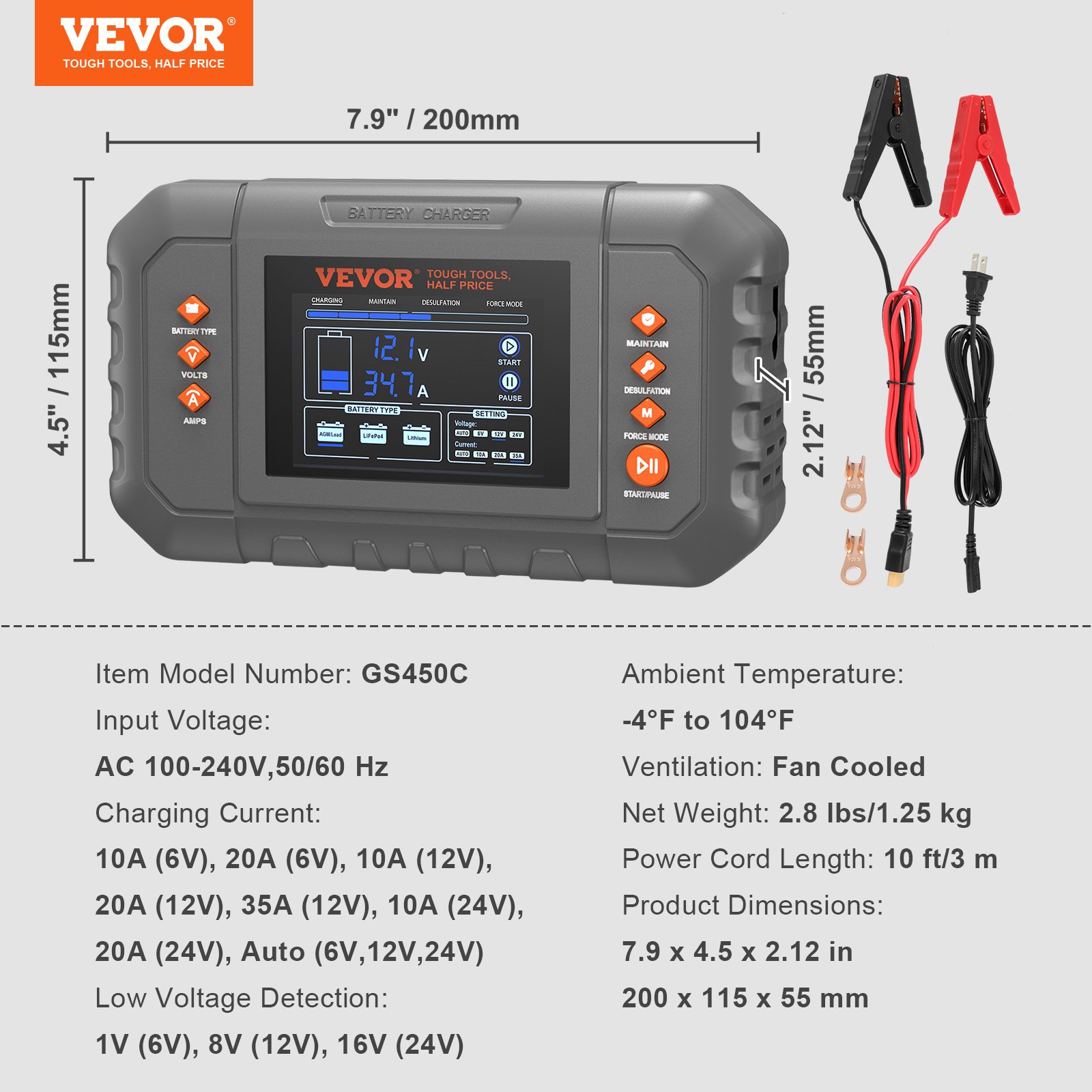 VEVOR Smart Battery Charger, 35-Amp, Lithium LiFePO4 Lead-Acid (AGM ...