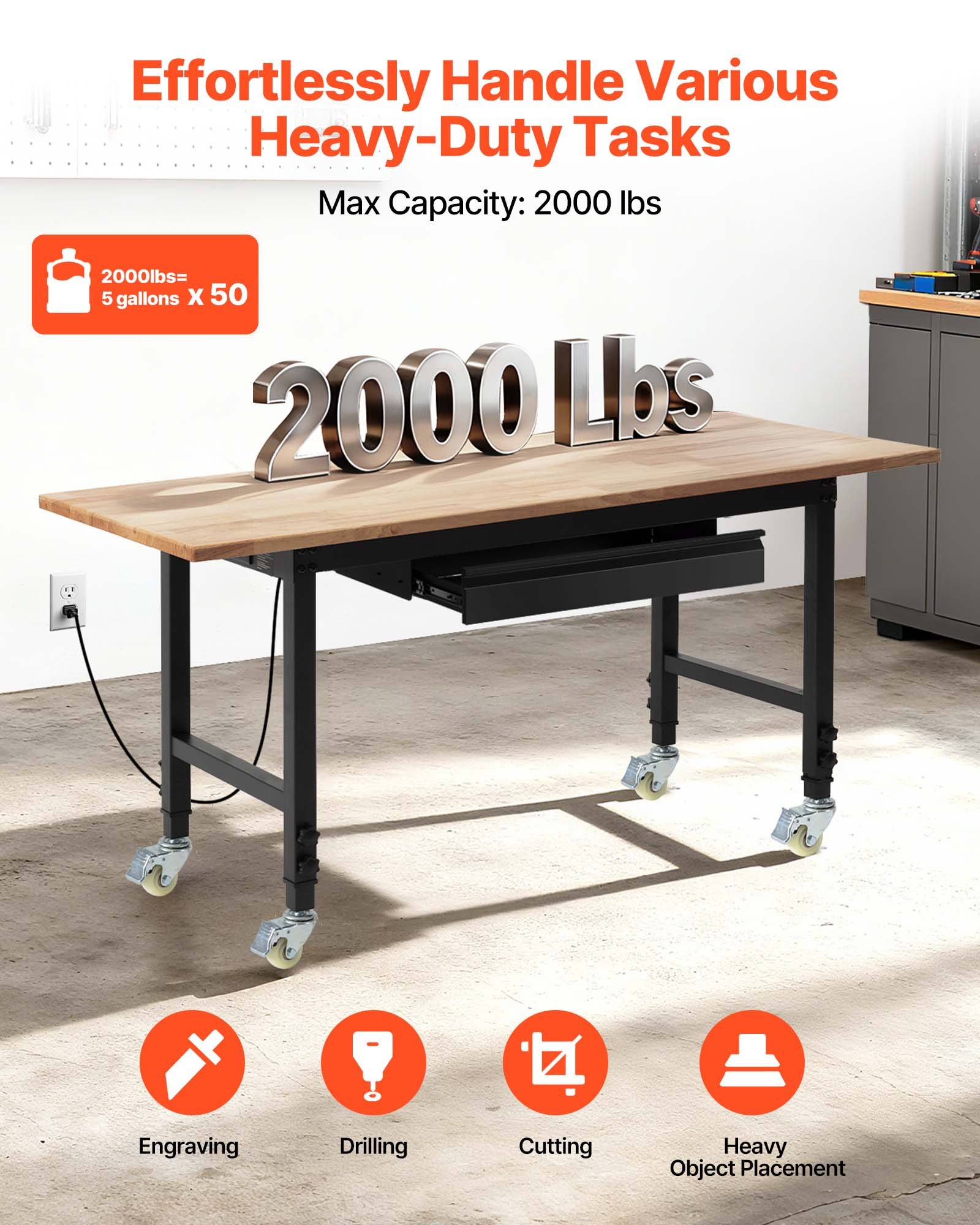 VEVOR Adjustable Workbench on Wheels – 60x24 inch, 2000 lbs