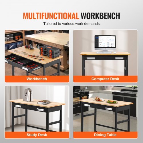 VEVOR 48" Workbench on Wheels Wood Top Work Table with Drawer Organizer ...