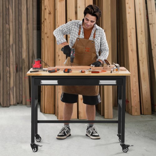 VEVOR 48" Workbench on Wheels Wood Top Work Table with Drawer Organizer ...