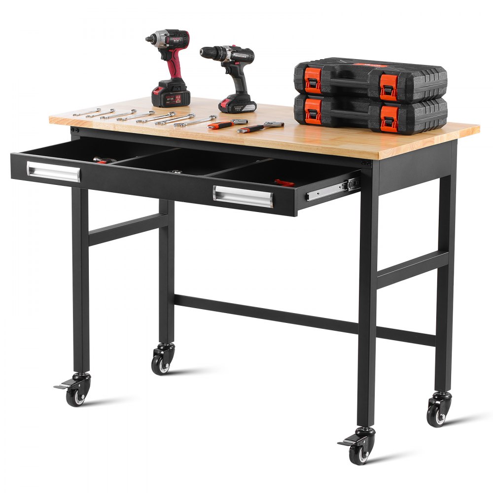VEVOR 48" Workbench on Wheels Wood Top Work Table with Drawer Organizer ...