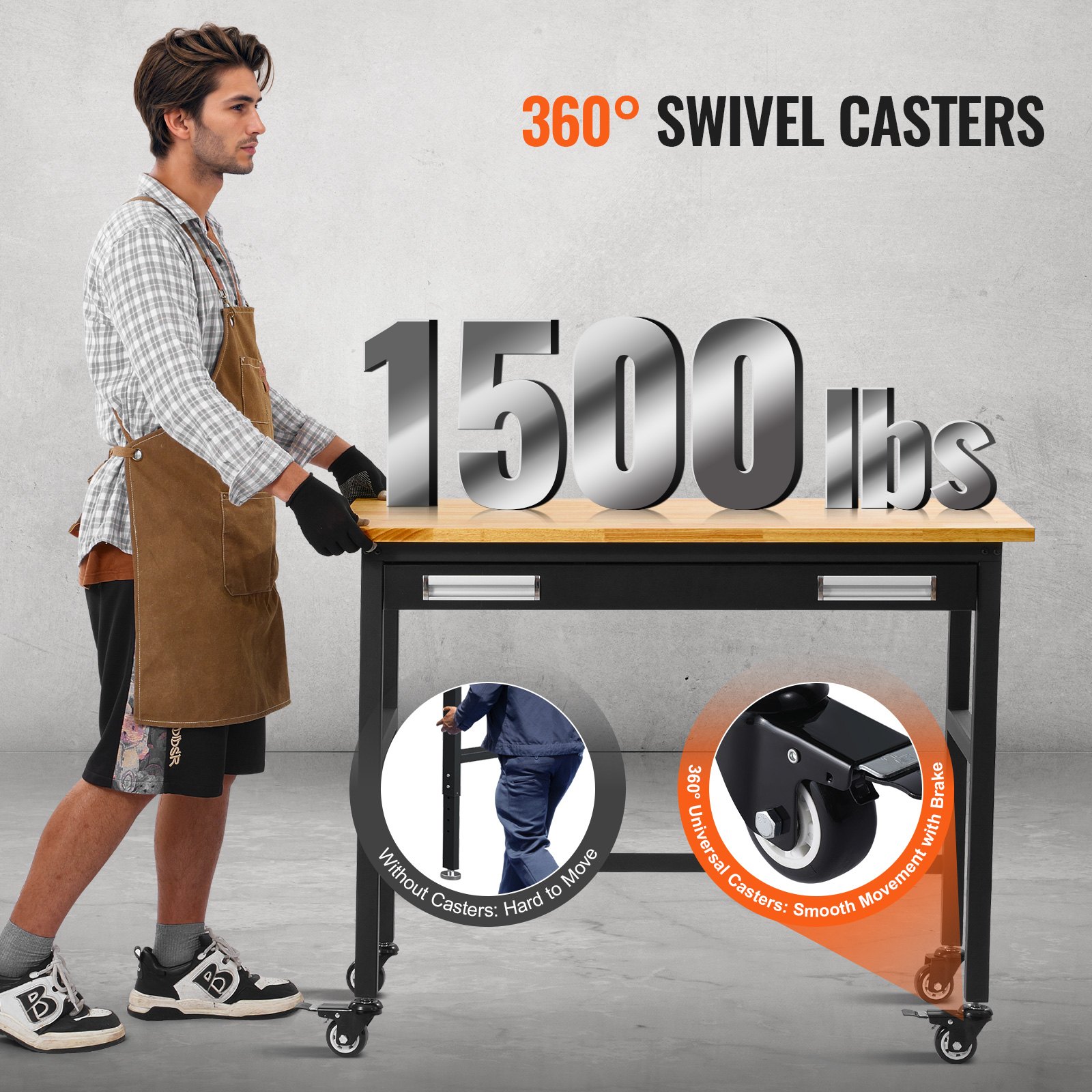 VEVOR 48" Workbench on Wheels Wood Top Work Table with Drawer Organizer ...