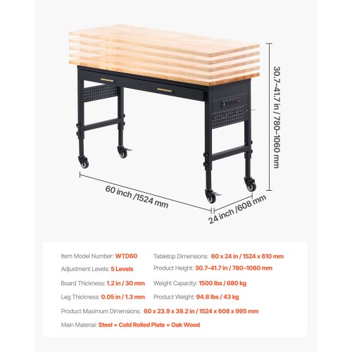 VEVOR 60-inch Adjustable Workbench, 1500 lbs Load Capacity, Garage ...