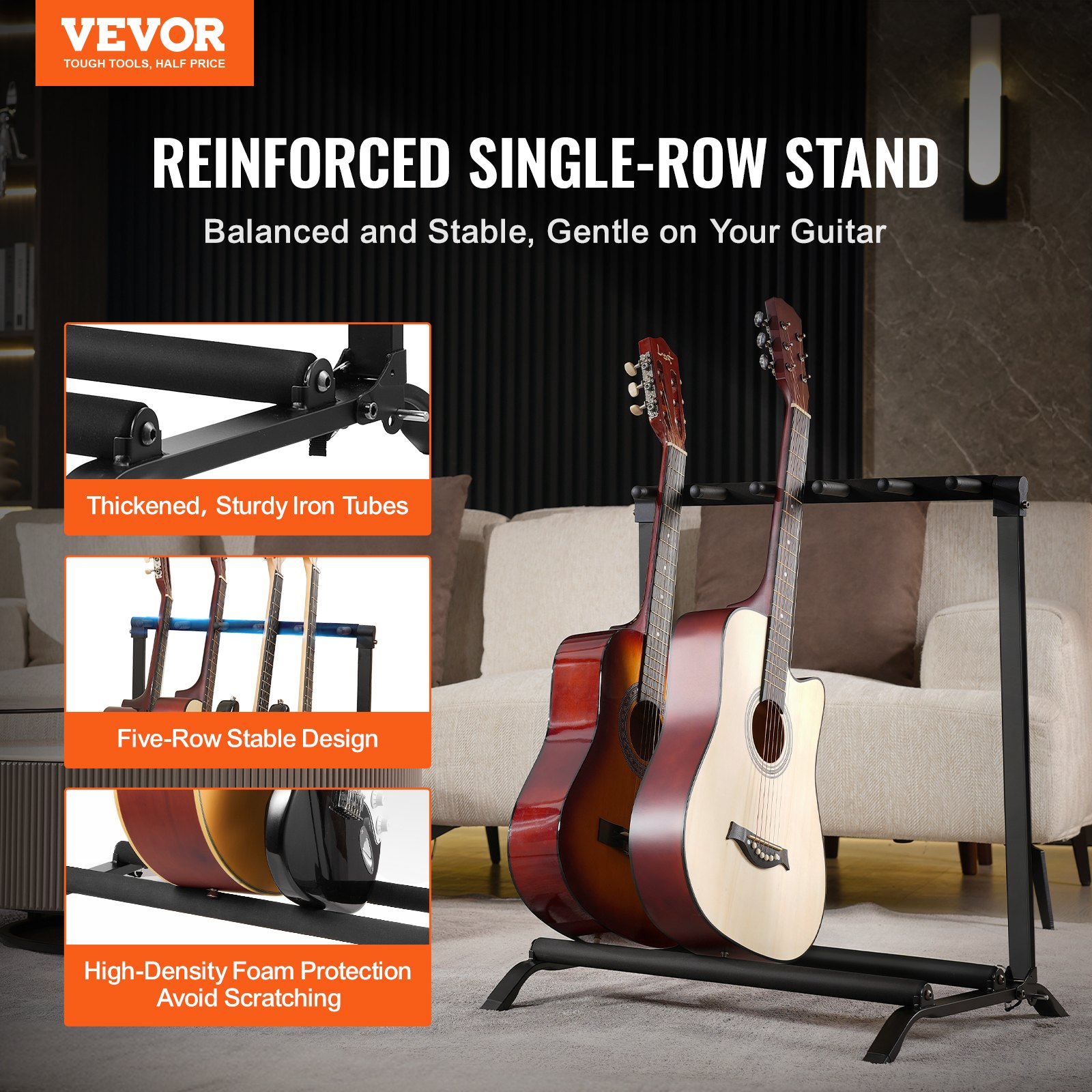 VEVOR 5-Space Guitar Stand Floor-Standing Foldable Rack Hold Up to 5 ...