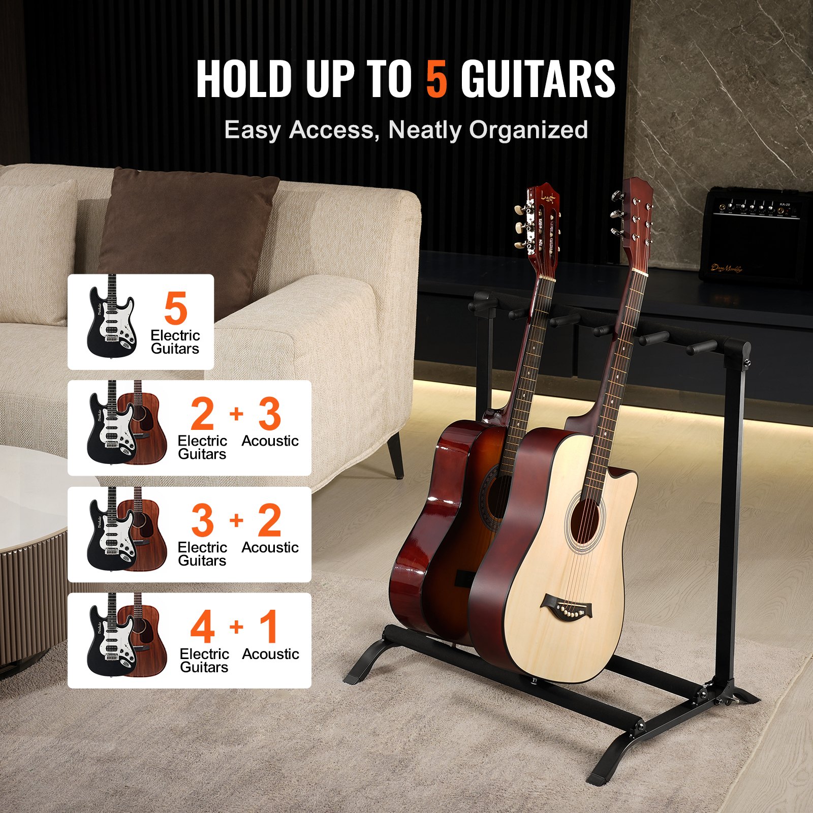 VEVOR 5-Space Guitar Stand Floor-Standing Foldable Rack Hold Up to 5 ...