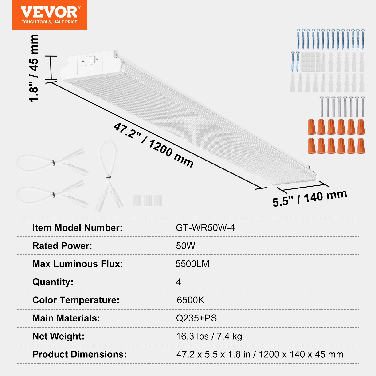 VEVOR 4FT LED Wraparound Light, 50W, 5500LM Flush Mount LED Shop Light ...
