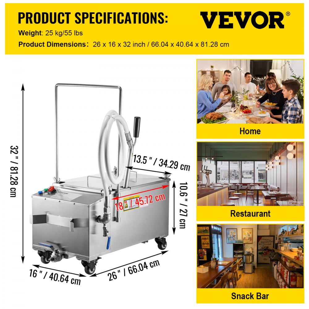 VEVOR Mobile Fryer Filter, 80 LBS/40 L/10.56 Gal Capacity, 300W Oil ...