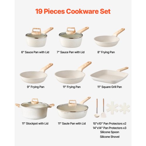 19 Piece Pots and Pans Set Granite Nonstick Kitchen Cookware Induction ...