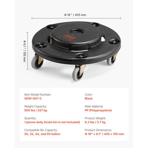 Round Trash Can Dolly Fit 20, 32, 44, 55 Gal Garbage Container 500lbs ...