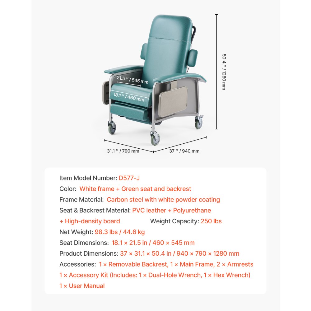 VEVOR Hospital Recliner Chair —4-Position Medical Geri Chair