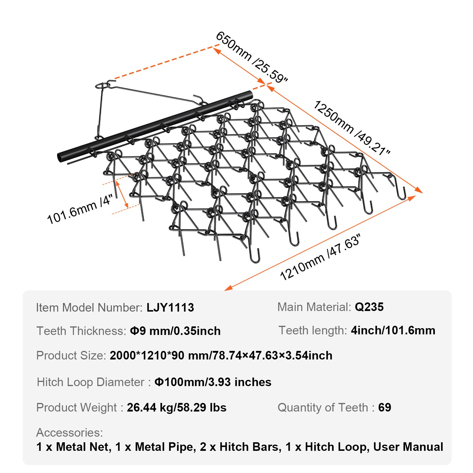 VEVOR Drag Harrow, 4'x4' Heavy-Duty Chain Harrow with 69 Teeth, ATV UTV ...