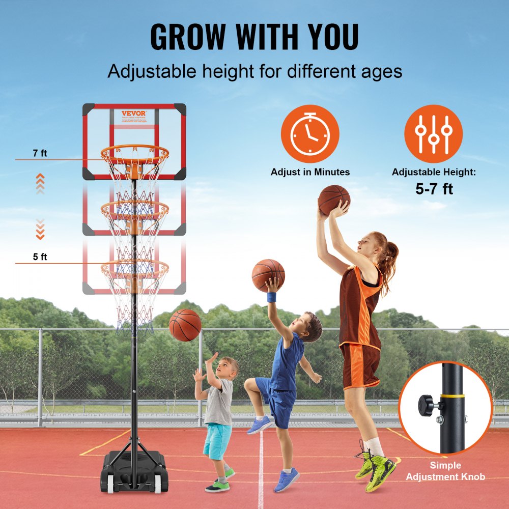 VEVOR Basketball Hoop, 5-7 ft Adjustable Height Portable Backboard ...