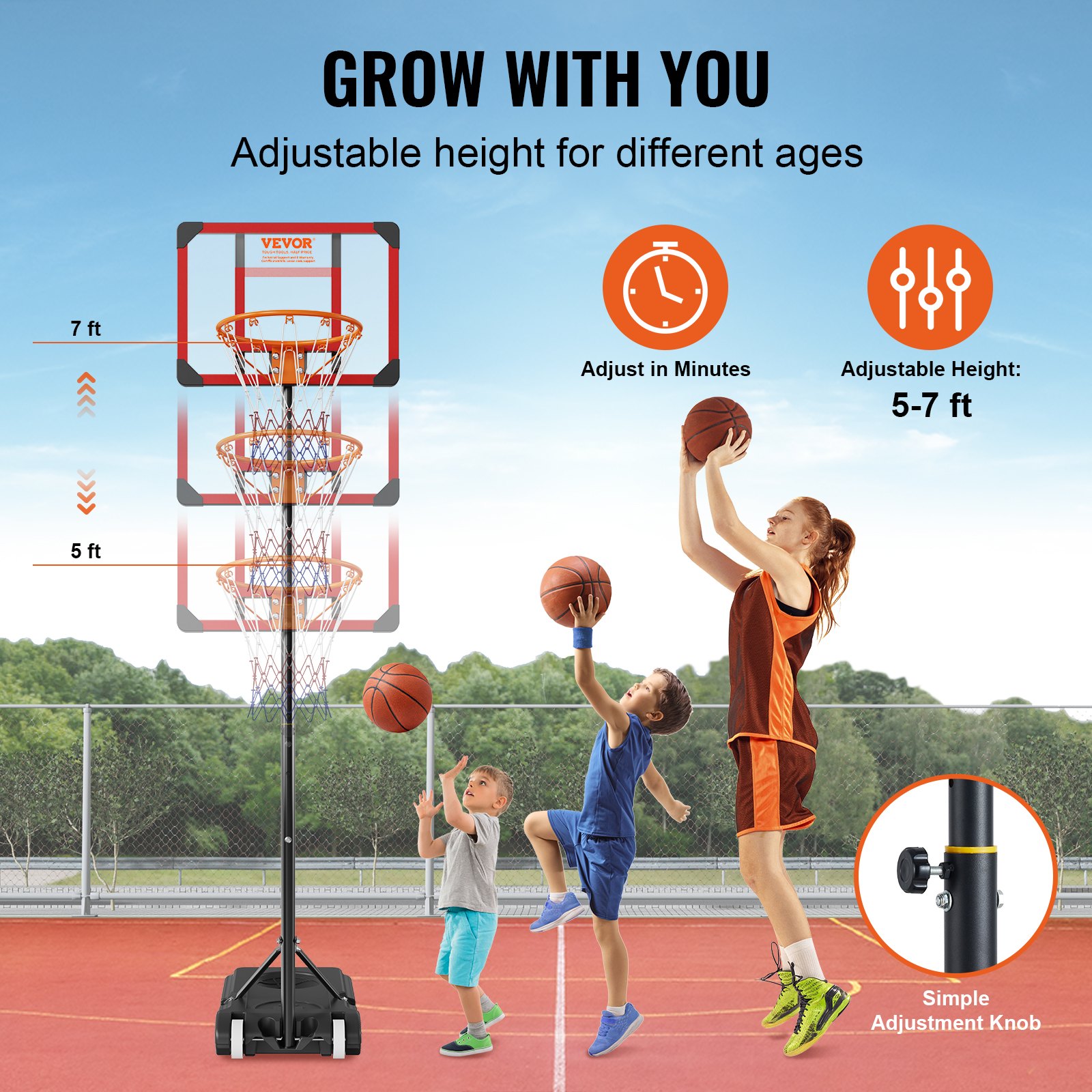 VEVOR Basketball Hoop, 5-7 ft Adjustable Height Portable Backboard ...