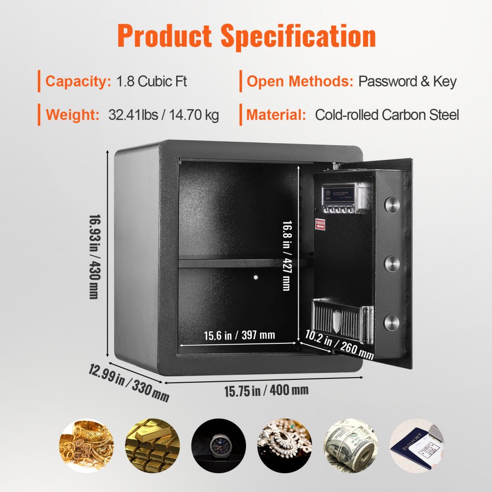 VEVOR Safe 1.8 Cubic Feet Home Safe Steel for Cash Gold 15.75x13x16.9 ...