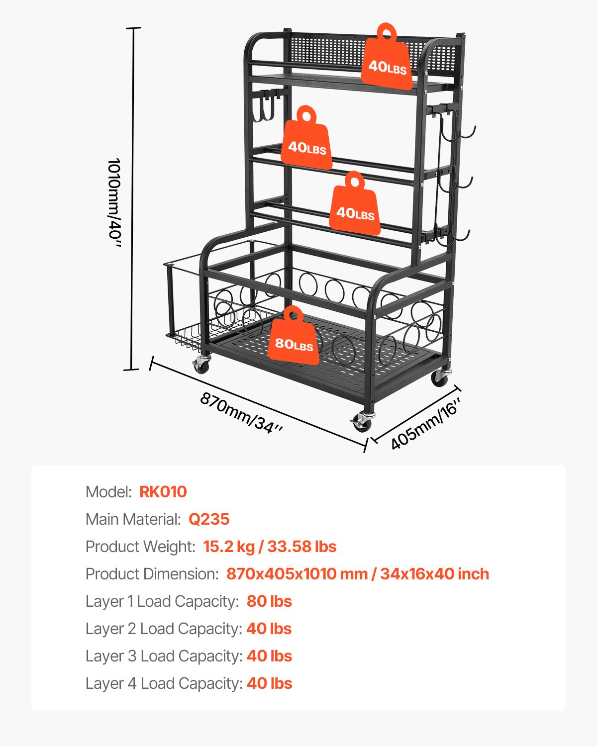 VEVOR Home Gym Storage Rack – 34"×16"×40" Steel Frame